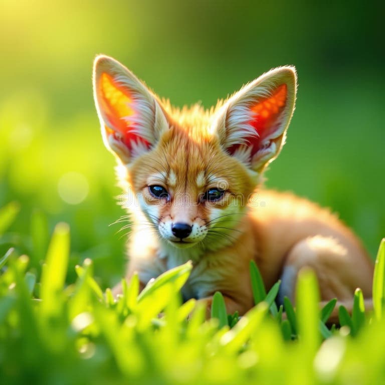 Tiny Fennec Fox Kit Naps in Sun Drenched Grass, Large Ears Folded , Adorable, Tiny, Sleeping ...