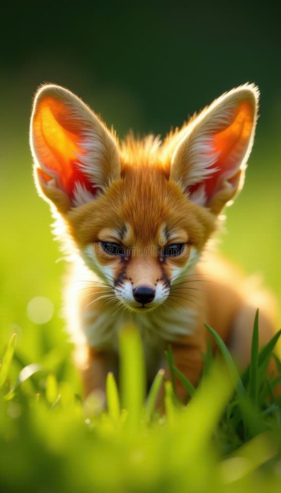 Tiny Fennec Fox Kit Naps in Sun Drenched Grass, Large Ears Folded ...