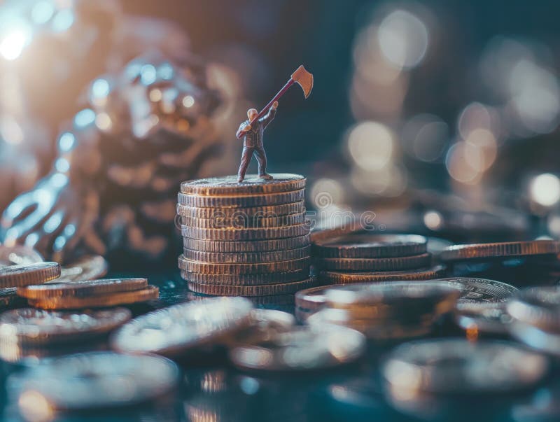 Tiny Figure with Axe on Coin Stack Stock Image - Image of investment ...