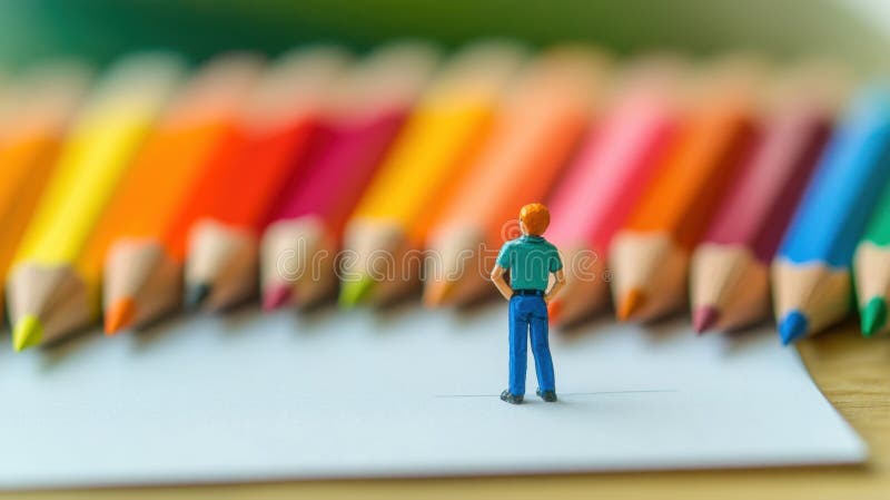 Tiny Figure Contemplates Colorful Pencil Palette on Blank Page Stock ...