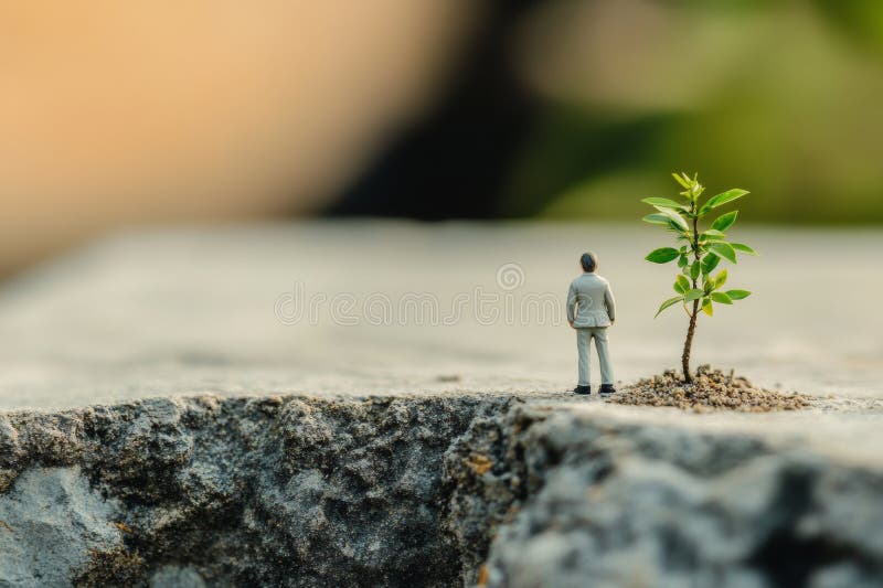 A Tiny Figure Dressed in Gray Observes a Young Plant Growing Out of a ...