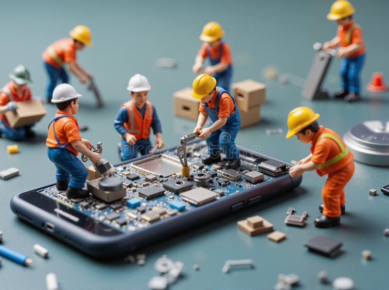 Tiny Figures in Construction Attire Fix Smartphone Electronics ...