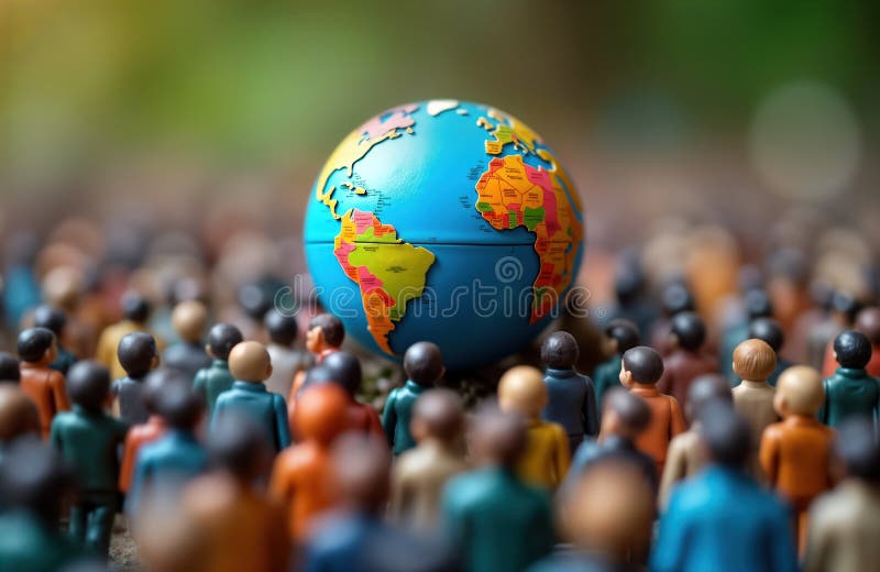 Tiny Figures Crowd Around Globe. Diverse People Surround Miniature ...