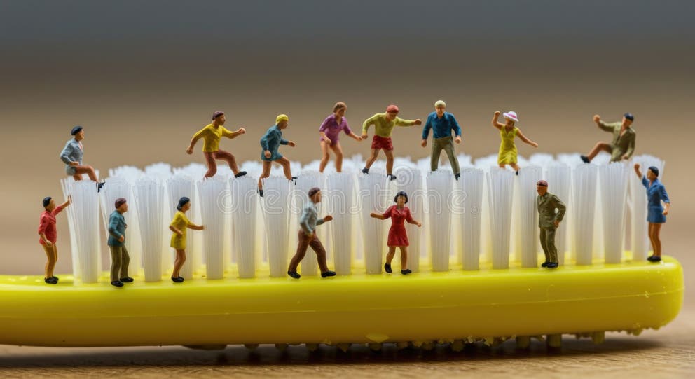 Tiny Figures Dancing on Toothbrush Bristles in Creative Miniature Scene ...