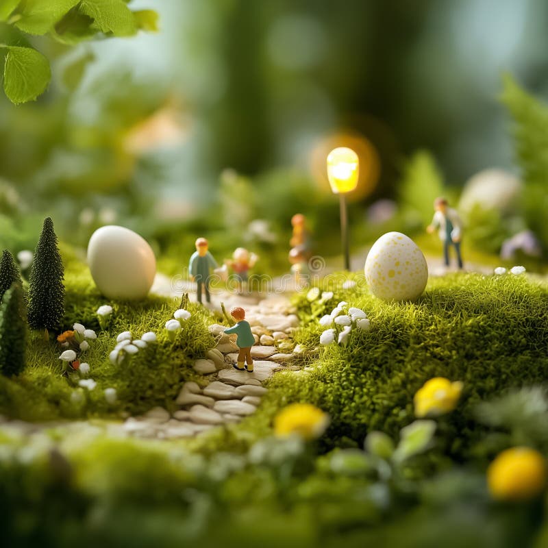 Tiny Figures Engage in an Easter Egg Hunt Surrounded by Vibrant Flora ...