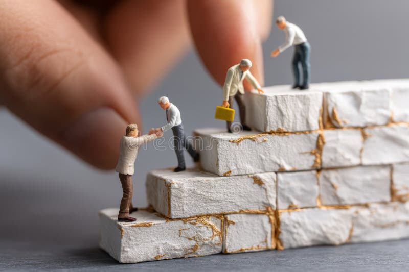 Tiny Figures Helping Each Other Climb Stone Blocks in Creative Conceptual Scene Stock ...