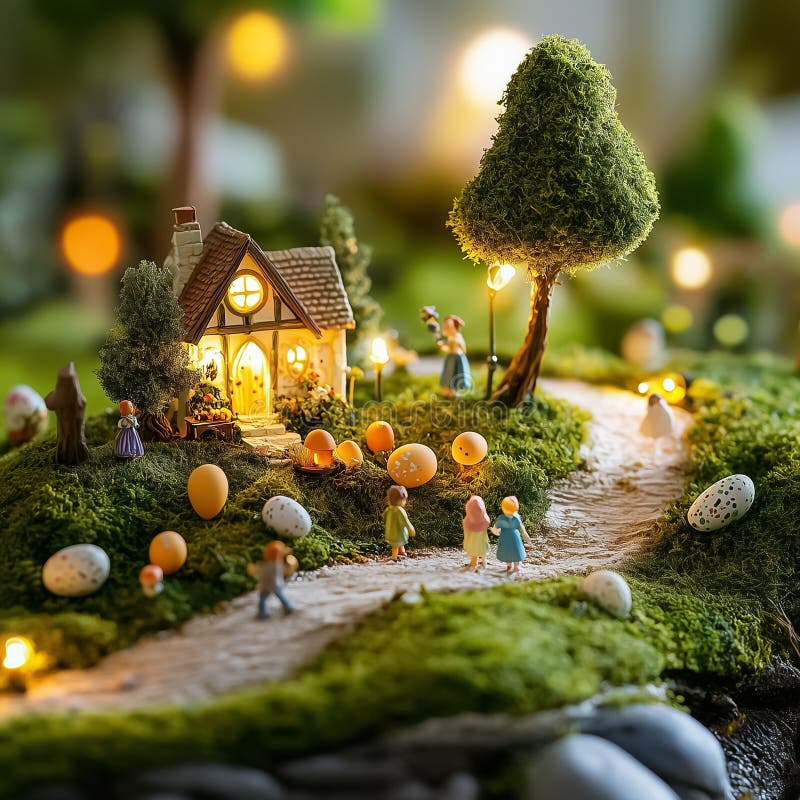 Tiny Figures Hunt for Easter Eggs in a Lush Forest Setting with Playful ...