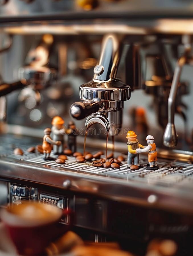 Tiny Figures are at Work on a Coffee Machine Like a Miniature Coffee ...