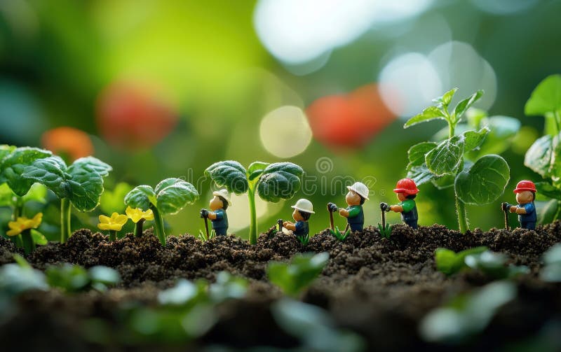 Tiny Figures Working in a Garden with Seedlings Emerging from the Soil ...