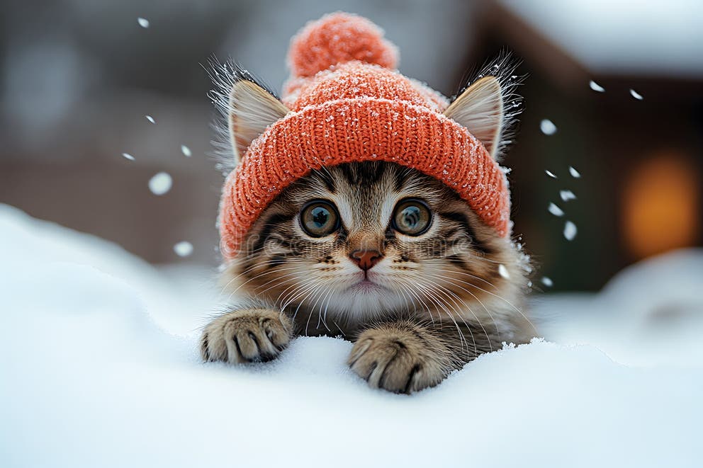 A Tiny, Fluffy Cat Sits in the Middle of a Snowy Landscape, Wearing an ...