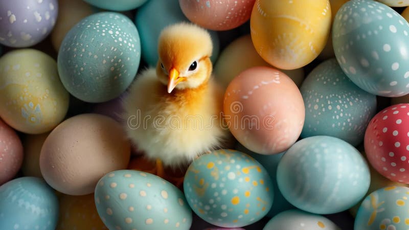 Tiny Fluffy Yellow Chick Standing among Pastel Painted Easter Eggs ...