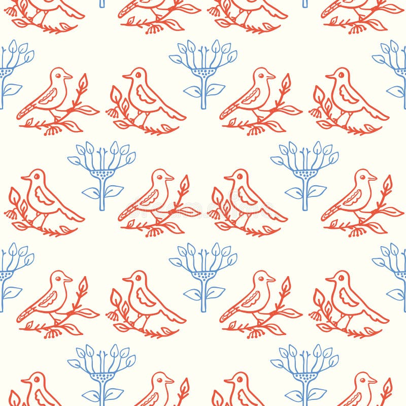 Tiny Folk Art Bird on Branch Seamless Vector Pattern. Boho Spring ...