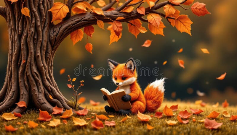 A Tiny Fox Reading Under a Felt Tree As Autumn Leaves Fall Around Him ...