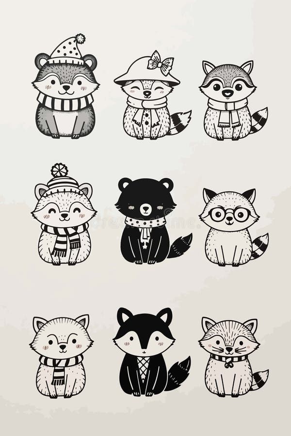 Tiny Adorable Animals, Cute Ink Art Character Designs Stock ...