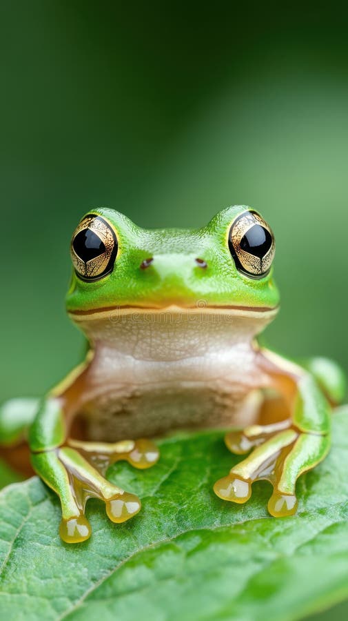Tiny Frog with Bright Eyes Sits on Green Leaf, Looking Curious Stock ...