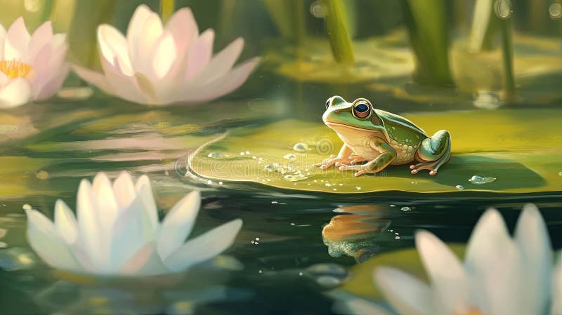 A Tiny Frog Perched on a Lily Pad in a Peaceful Spring Pond Digital ...