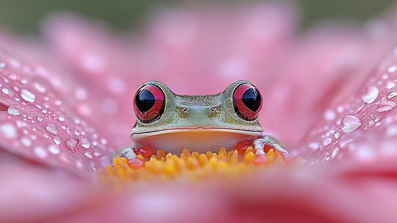 Tiny frog on a pink flower stock illustration. Illustration of tropical ...