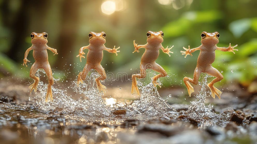 Tiny Frogs Leaping through Shallow Water Stock Illustration - Illustration of nature, adorable ...