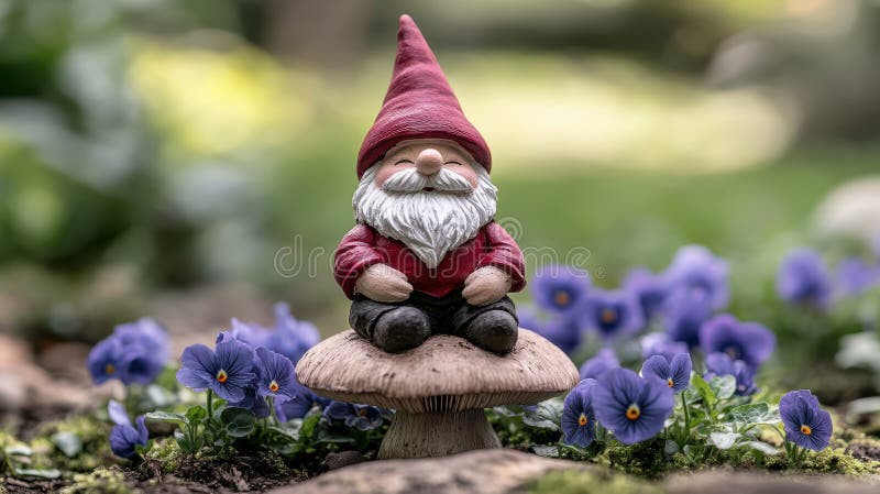 Tiny Garden Gnome Sitting on Mushroom Surrounded by Purple Flowers ...