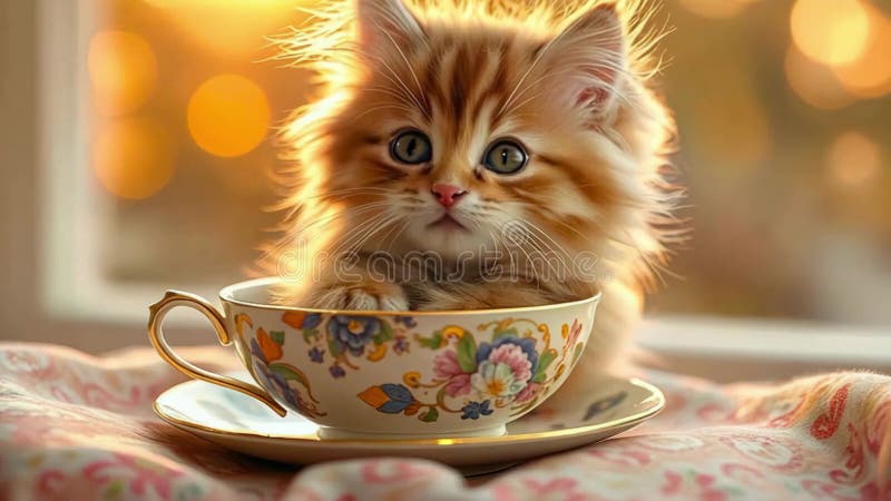 Tiny Ginger Kitten in a Coffee Cup in the Rays of the Setting Sun Stock Video - Video of ...