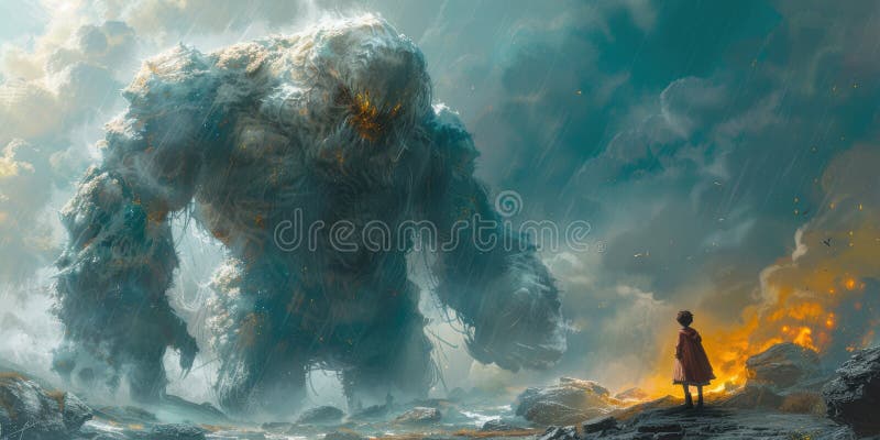 A Tiny Girl Faces a Giant Stone Creature. Created by Generative ...