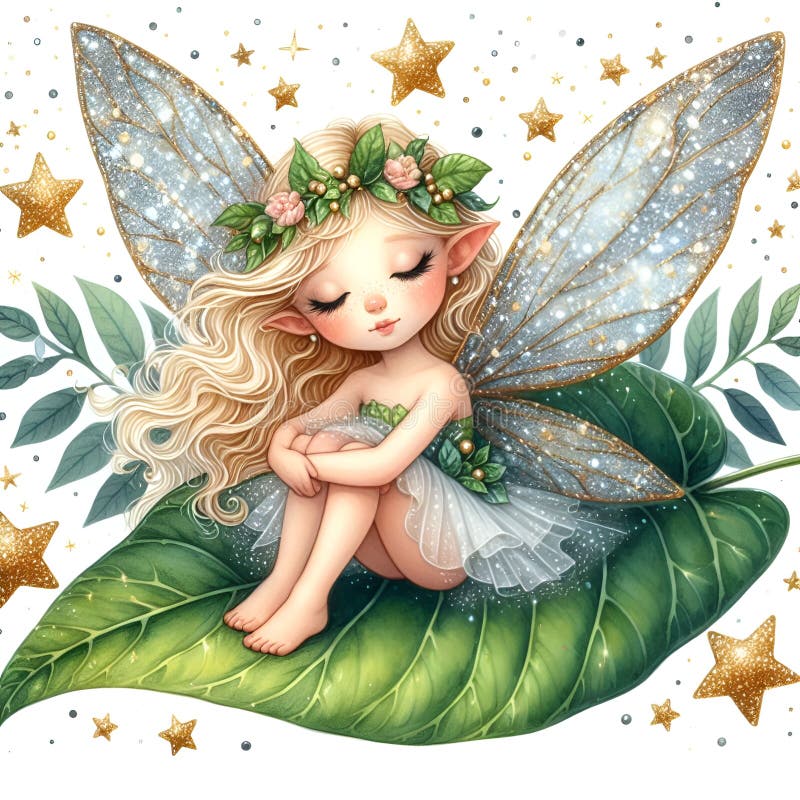 Tiny Glitter Fairy Sitting on a Leaf, Surrounded by Twinkling Stars ...