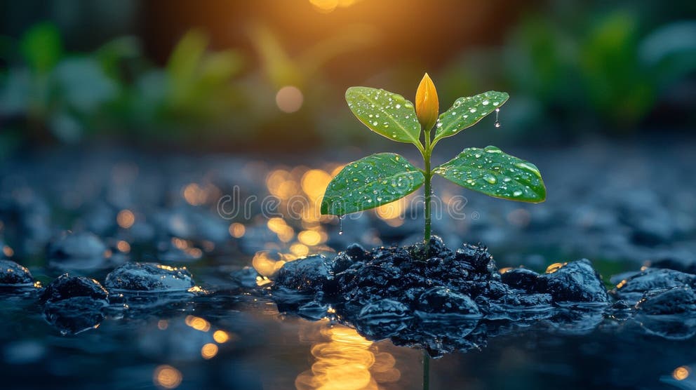 Tiny Glowing Seedling Sprouting from Soil Covered in Dew Stock Photo ...