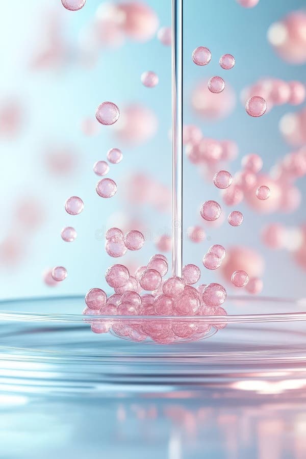 Tiny Glowing Spheres Falling into Clear Liquid, Reflecting Blue and Pink Colors, with a Soft ...