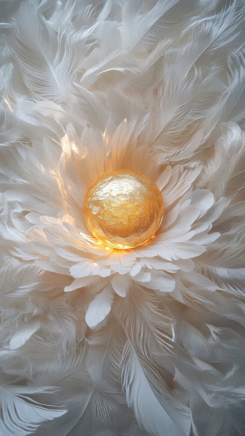A Tiny Golden Sun Resting on a Bed of White Feathers, Elegant and ...