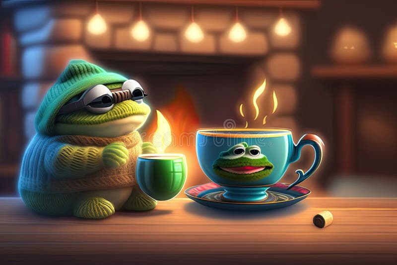 Tiny Green Frog Sipping Tea Generative AI Stock Illustration ...