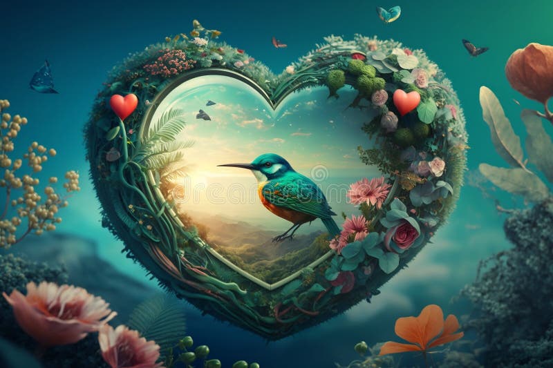Tiny Green Planet in the Shape of a Heart with Birds and Flowers Stock ...