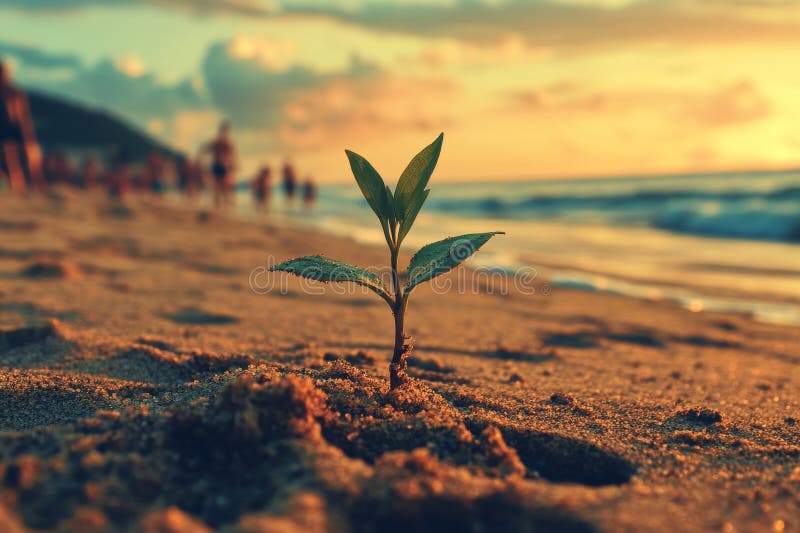 A Tiny Green Plant Emerging from the Sand on a Beach Represents ...