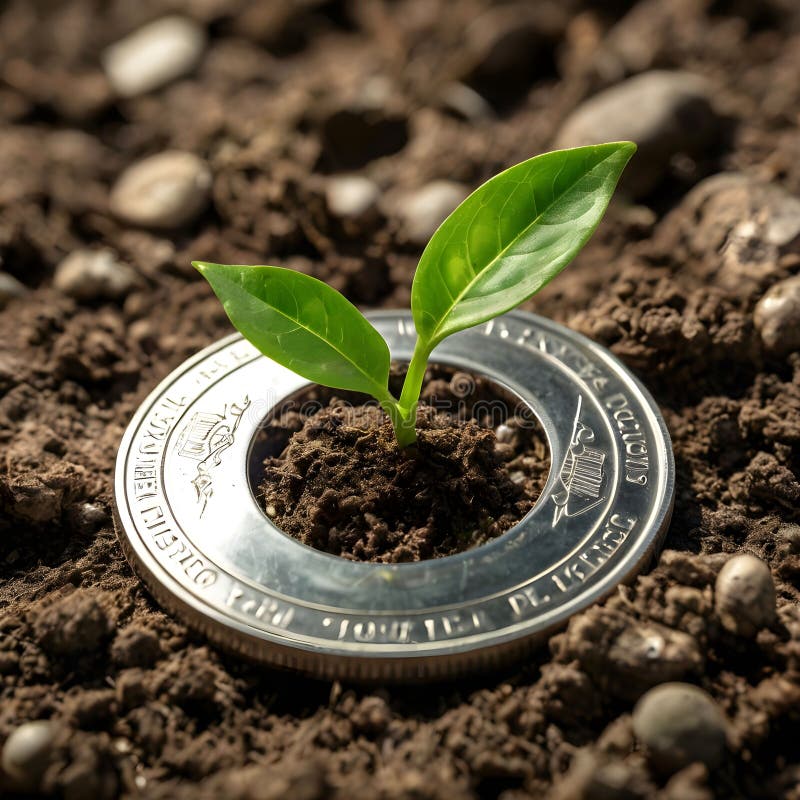 A Tiny Green Sprout Emerging from a Silver Monetary Coin in Dark Soil ...