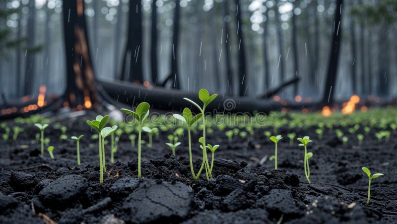Tiny Green Sprouts Rise from Blackened Ground after Forest Fire Rains ...