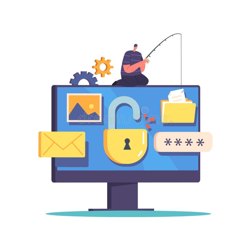 Tiny Hacker Male Character Sitting on Huge Computer with Rod Phishing ...