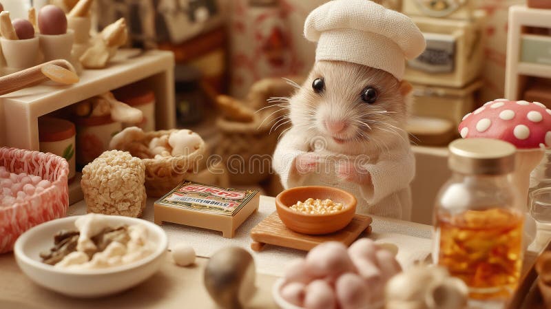 Tiny Hamster Chef Preparing a Meal in Miniature Kitchen Stock ...