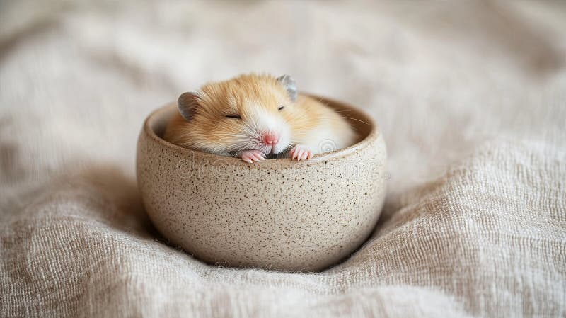 Tiny Hamster Sleeping Inside a Small Ceramic Bowl on a Neutral-toned Stock Photo - Image of ...