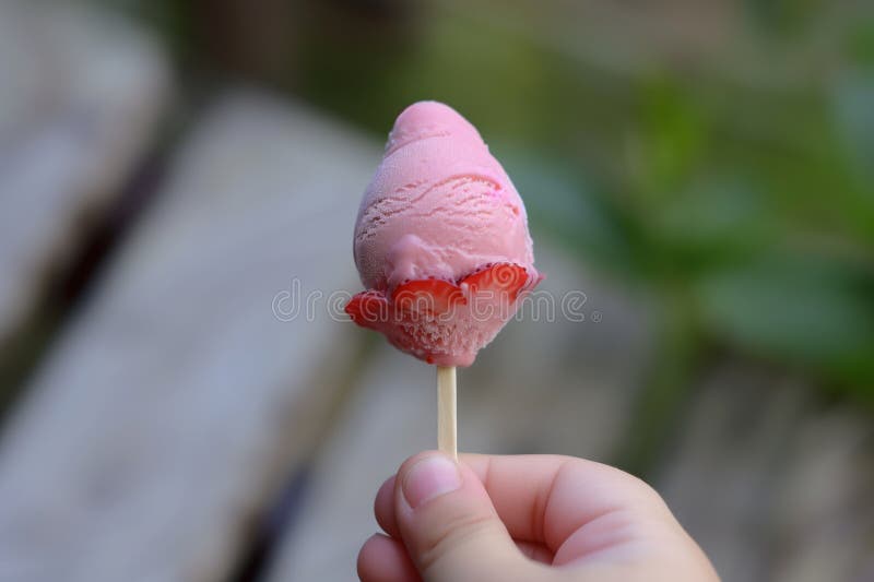 Tiny Hand Holding a Pink Strawberry Ice Cream on a Stick Stock ...