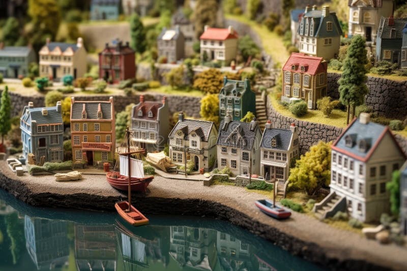 Tiny Harbor with Boats in a Seaside Miniature Village Stock ...