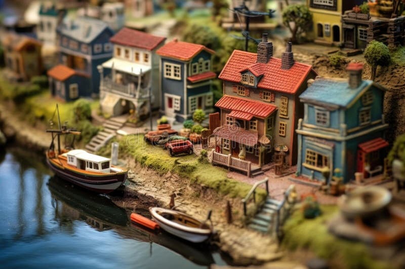 Tiny Harbor with Boats in a Seaside Miniature Village Stock ...