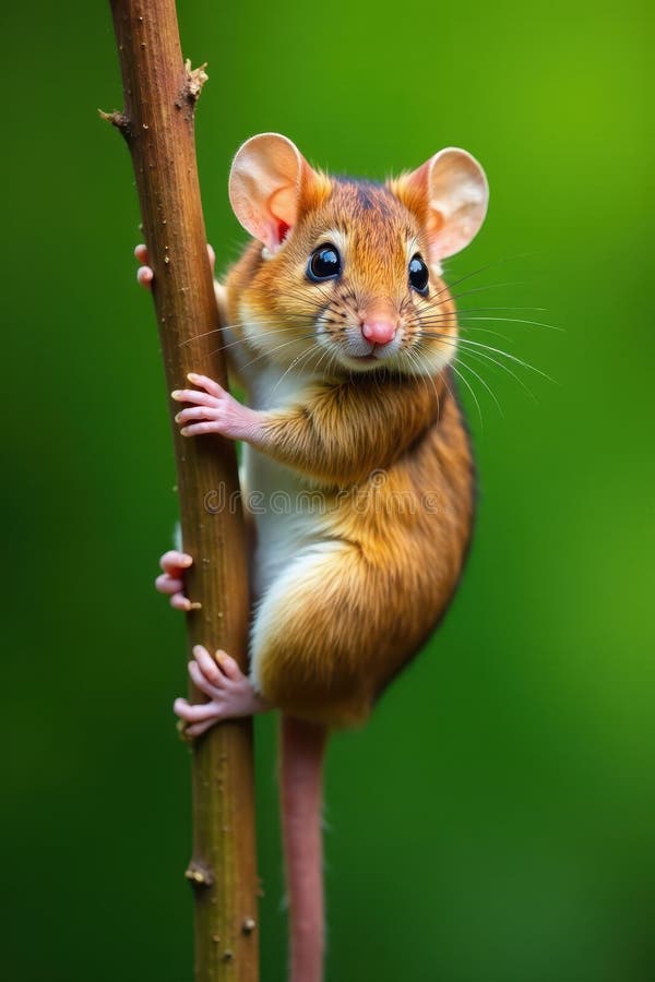 Tiny Harvest Mouse Clinging To Twig, Green Backdrop, Stick, Field Stock ...