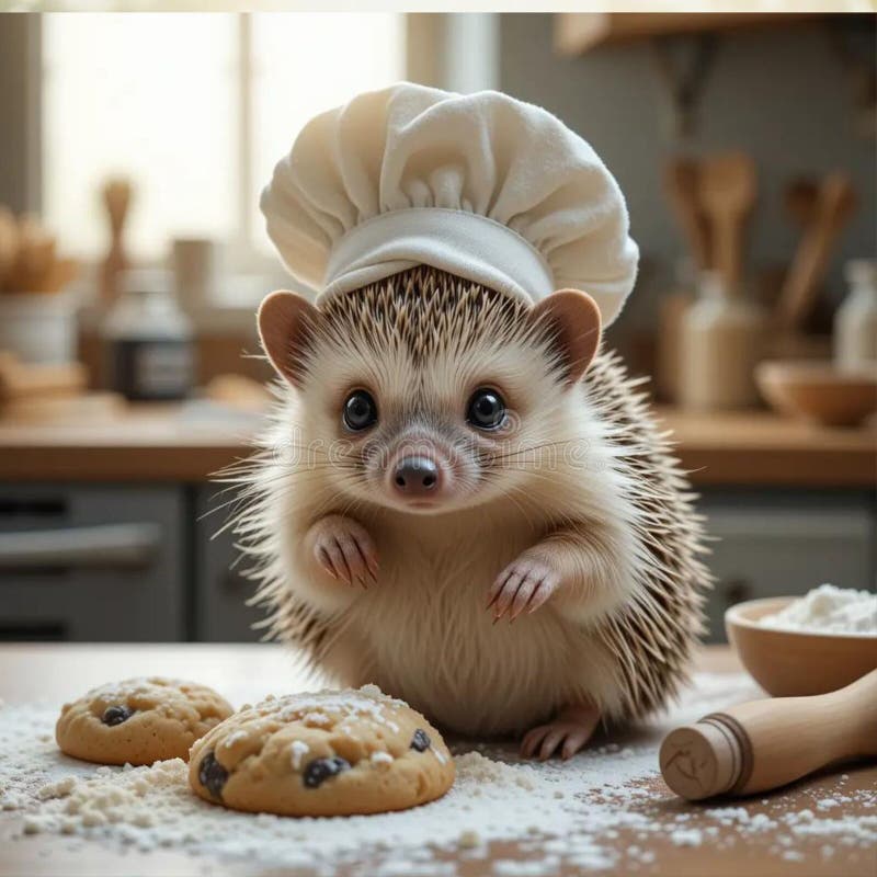 "Tiny Hedgehog Chef Baking Cookies on Kitchen Counter" Stock ...