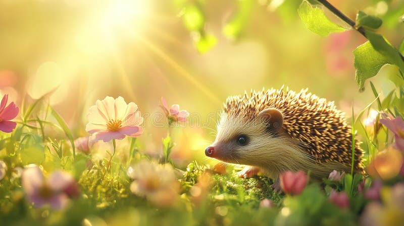 Tiny Hedgehog Exploring a Colorful Spring Garden Stock Illustration ...