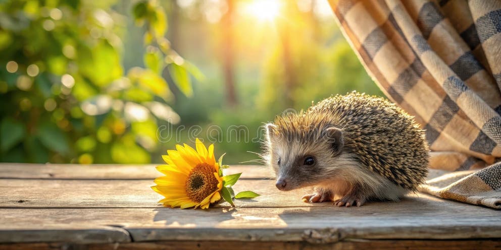 A Tiny Hedgehog and a Single Sunflower on a Rustic Wooden Surface ...
