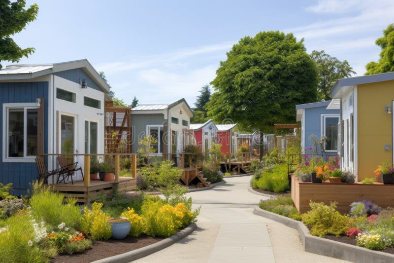 A Tiny Home Community with Communal Gardens and Shared Spaces Stock ...