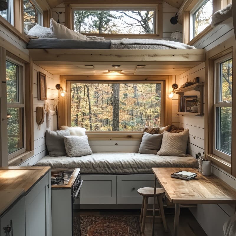 Tiny Home Interior with Loft Bed and Forest View Stock Image - Image of ...