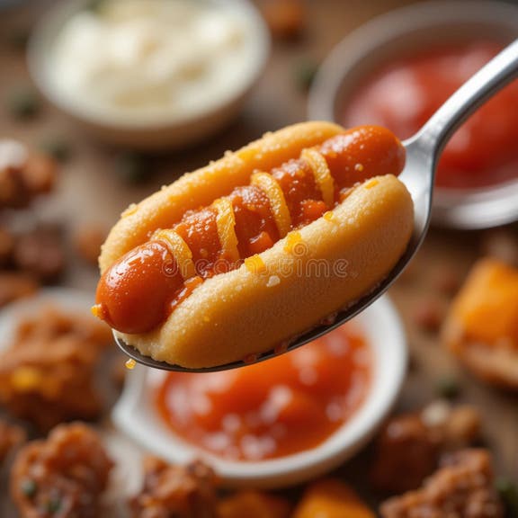 Tiny Hot Dog Served on a Spoon, Surrounded by Micro-sized Condiments Stock Illustration ...