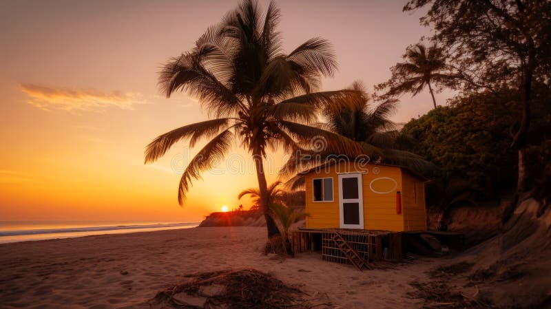 Tiny House on the Beach at Sunset. Generative Ai. Stock Illustration ...