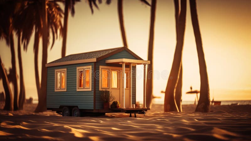 Tiny House on the Beach at Sunset. Generative Ai. Stock Illustration ...