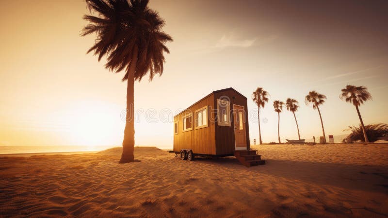 Tiny House on the Beach at Sunset. Generative Ai. Stock Illustration ...